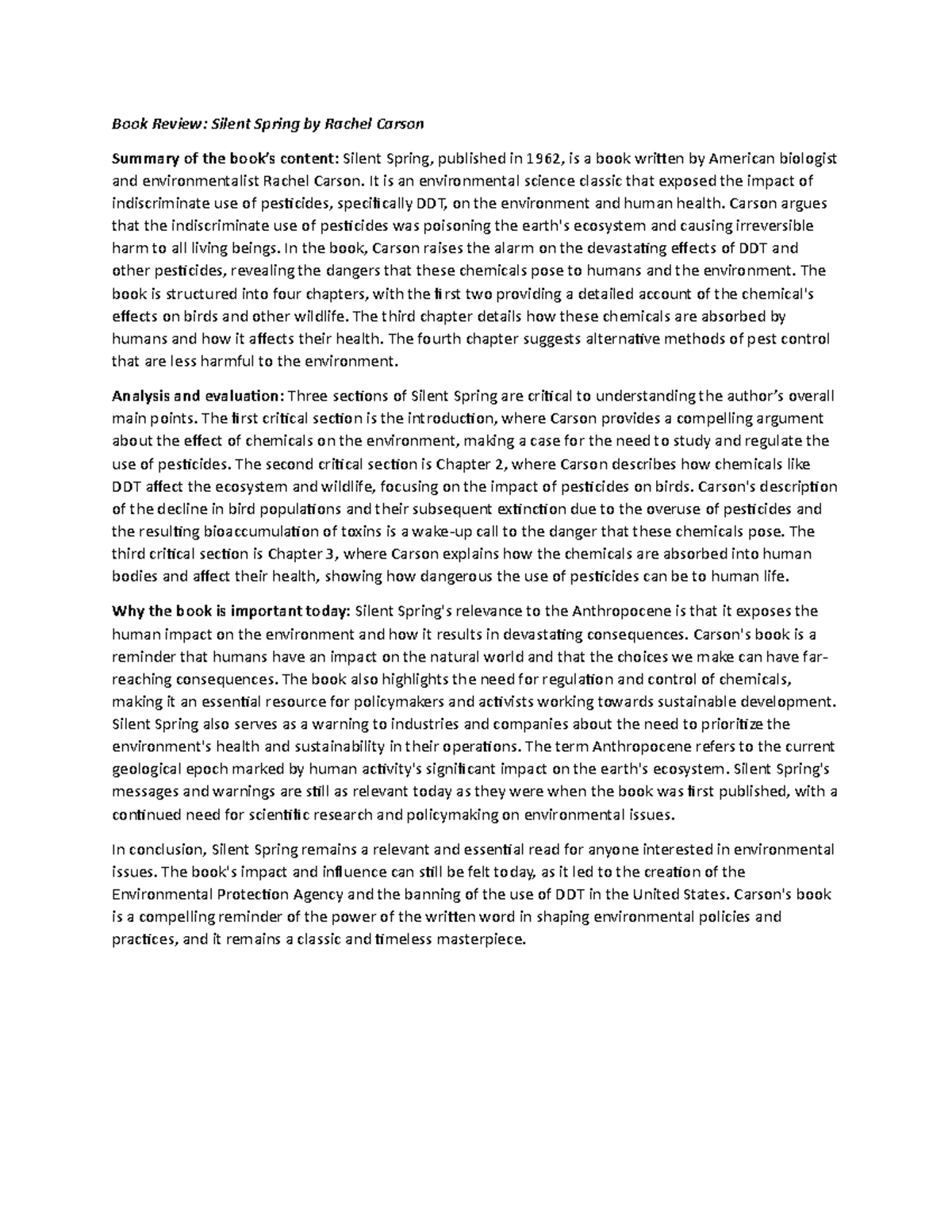 Your choice 2 - Book Review: Silent Spring by Rachel Carson Summary of ...