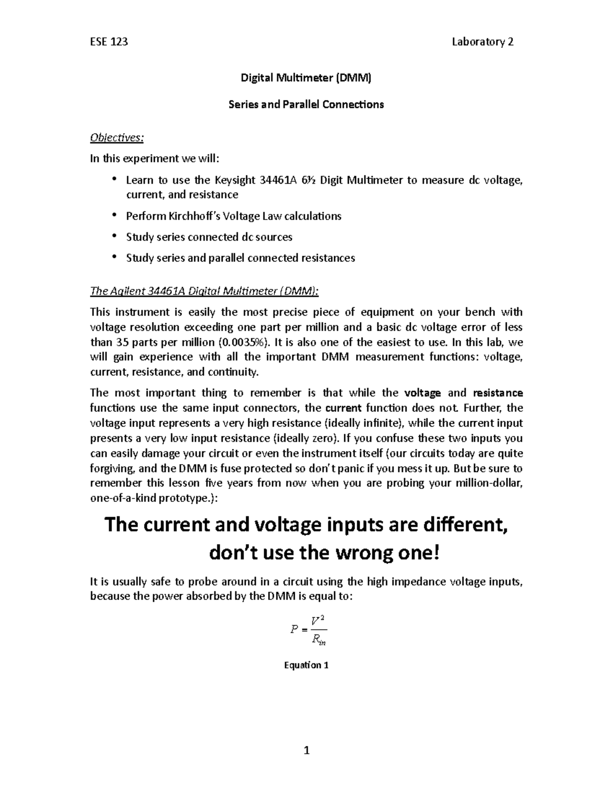 Lab 2 (dmm) - lab 2 - Digital Mulmeter (DMM) Series and Parallel ...