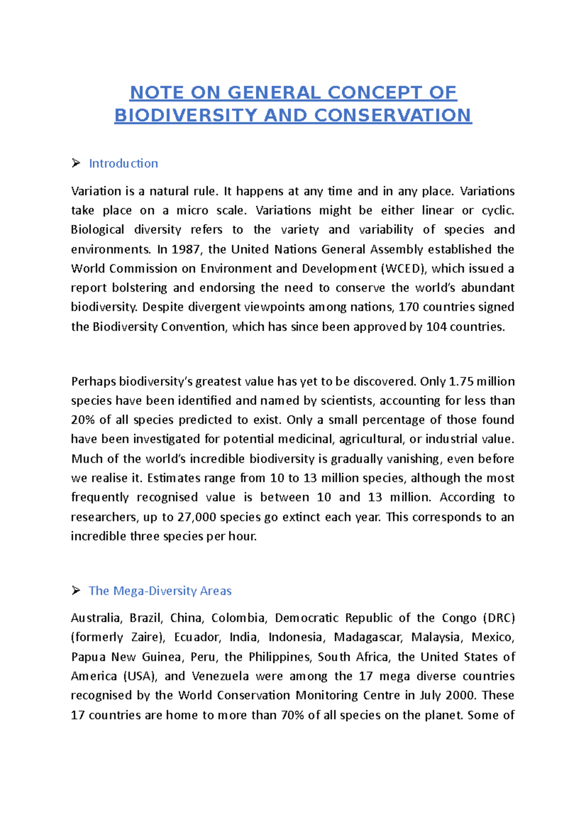 Note on general concept of biodiversity and conservation - NOTE ON ...