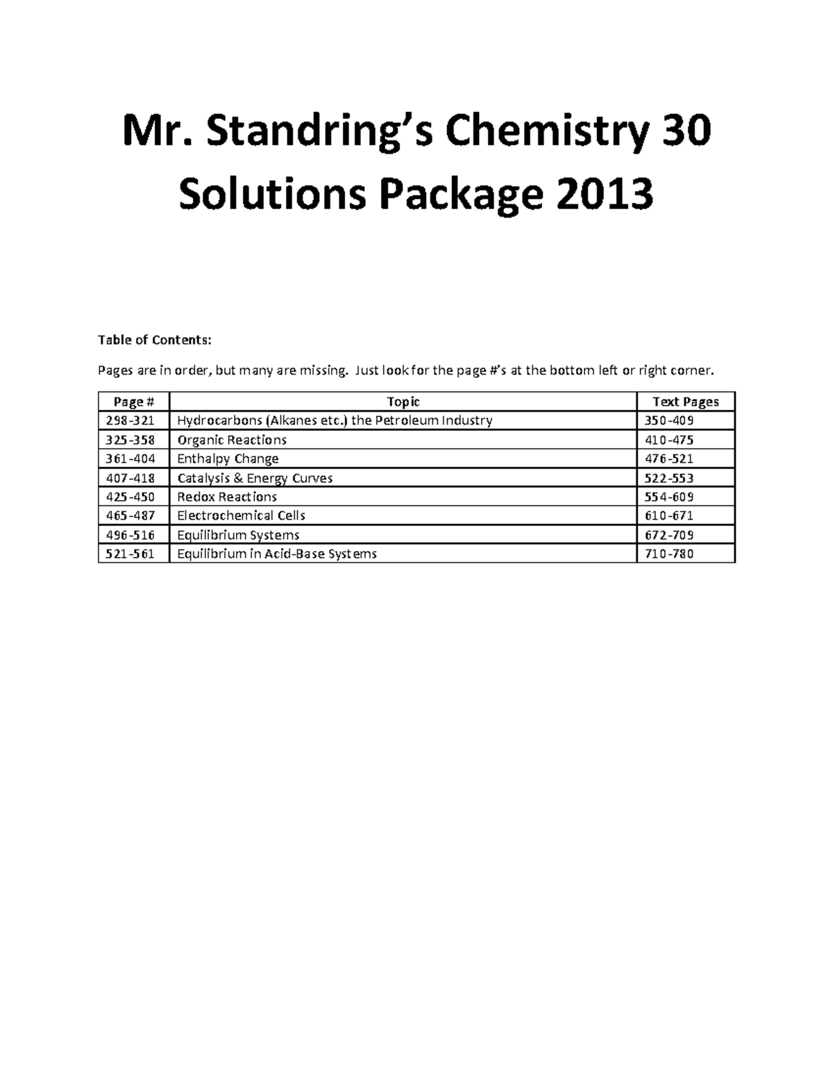Chem 30 review package key - Table of Contents: Pages are in order, but ...