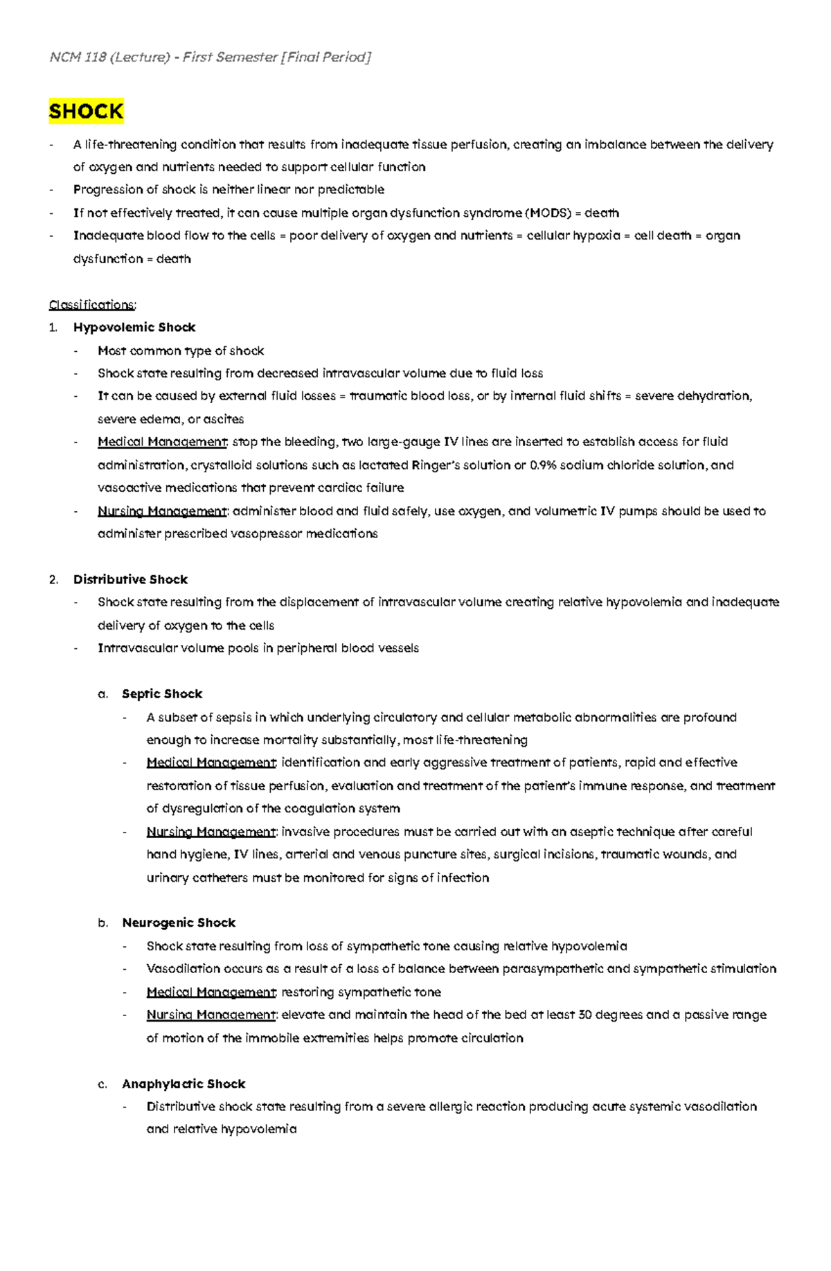 [ NCM 118 ] Lecture Notes - SHOCK A life-threatening condition that ...