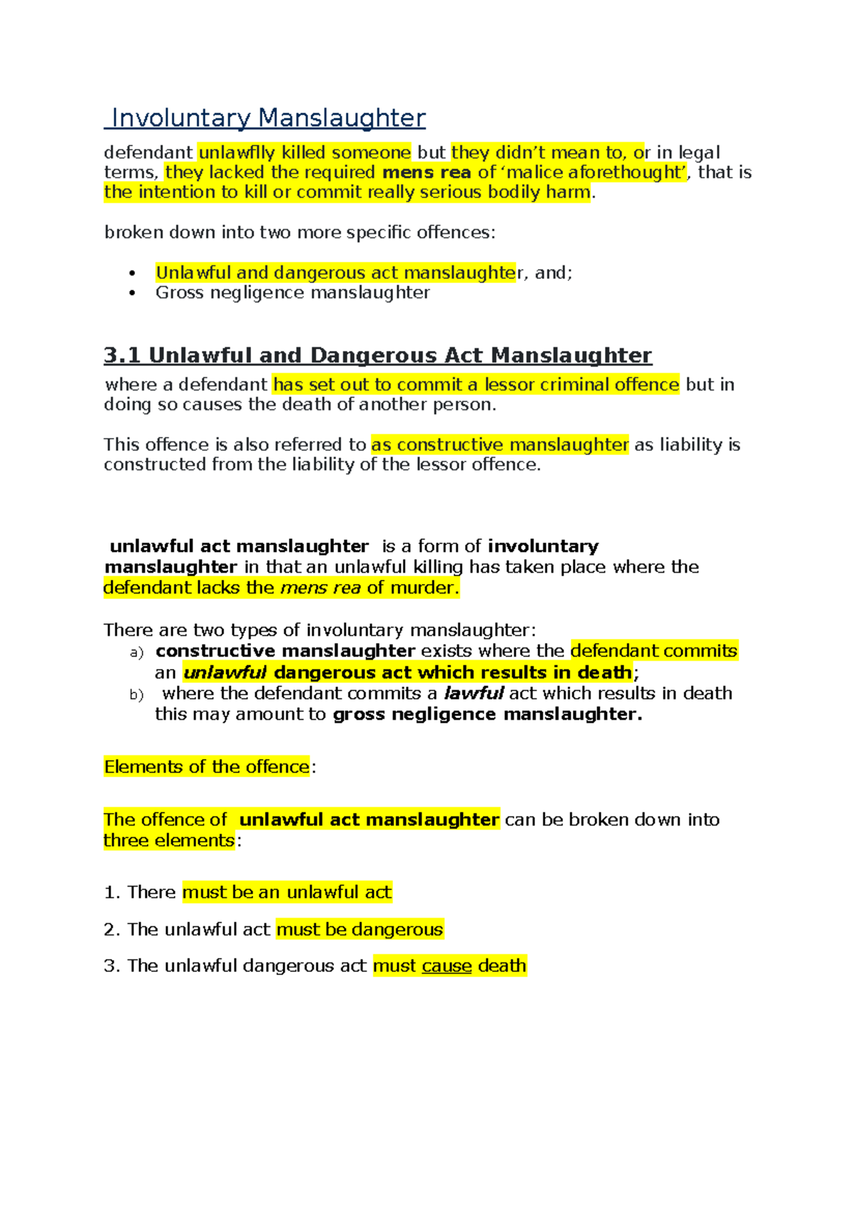 Involuntary Manslaughter notes for problem question - Involuntary ...