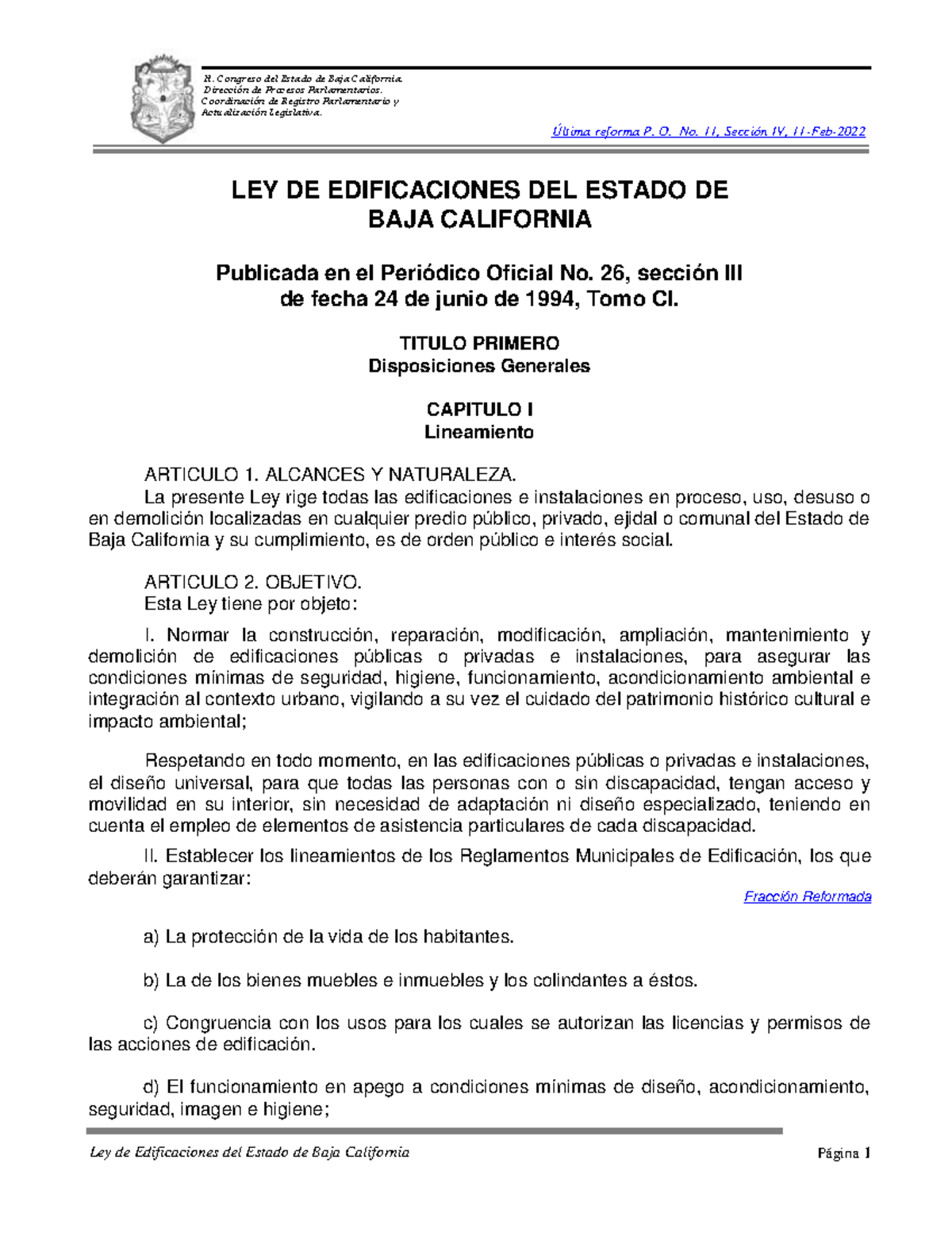 LEY DE Edificaciones DEL Estado DE BAJA California - Dirección de Procesos Parlamentarios. - Studocu