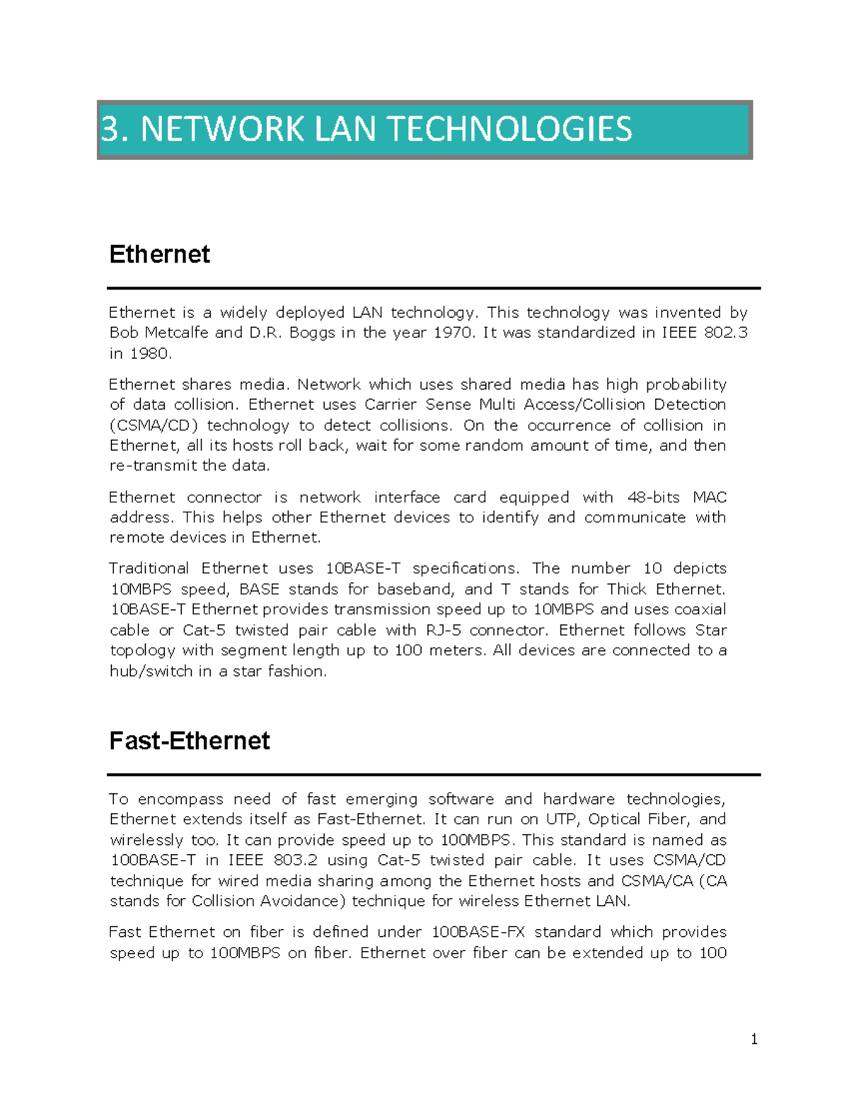 Lecture 2 - good networking - 3. NETWORK LAN TECHNOLOGIES Ethernet ...