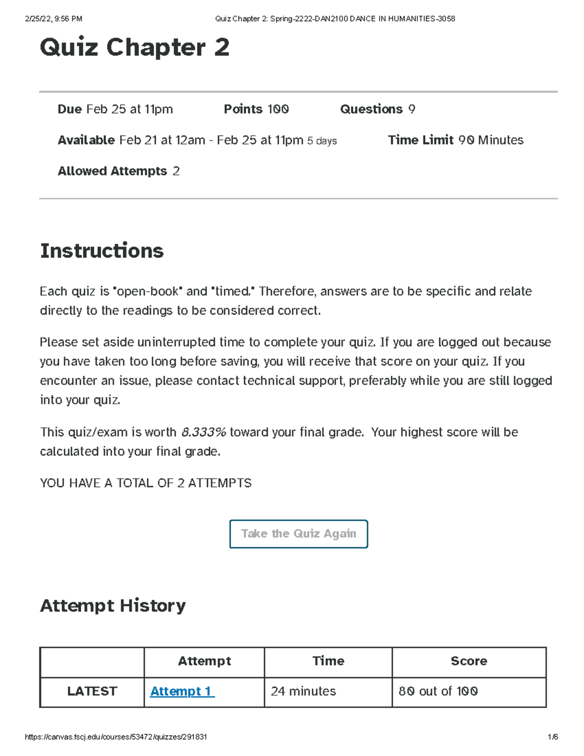 Quiz Chapter 2 Spring-2222-DAN2100 Dance IN Humanities-3058 - Quiz ...
