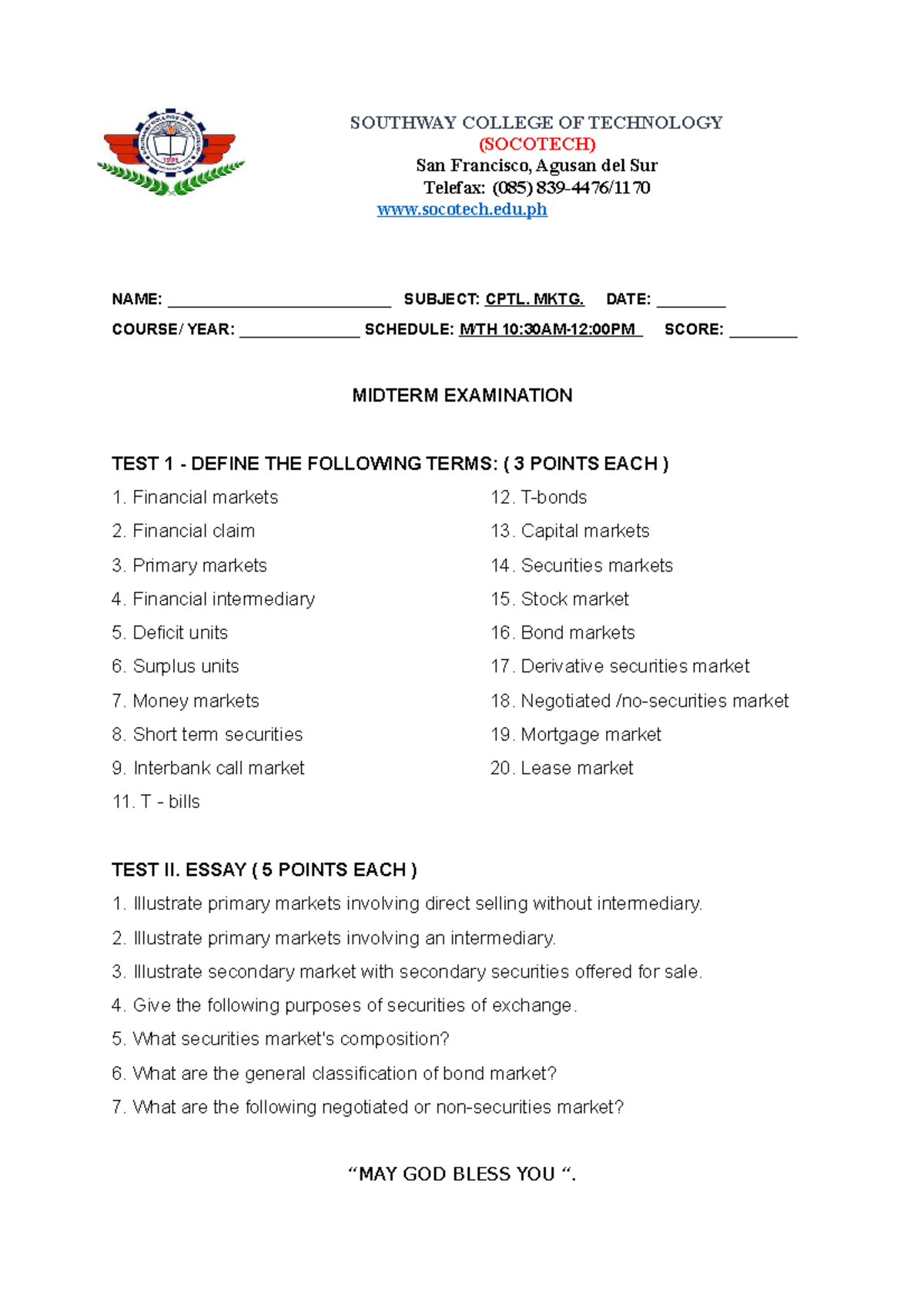 CPTL - EXAM - SOUTHWAY COLLEGE OF TECHNOLOGY (SOCOTECH) San Francisco ...