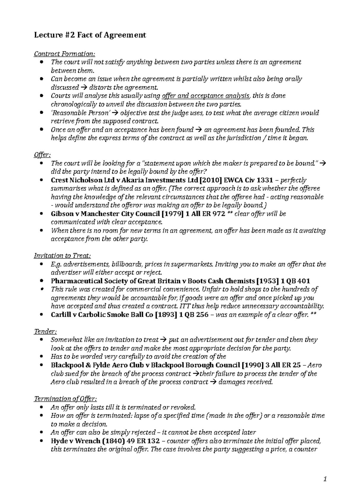 Contracts Noteszzzzz Notes - Lecture #2 Fact of Agreement Contract ...