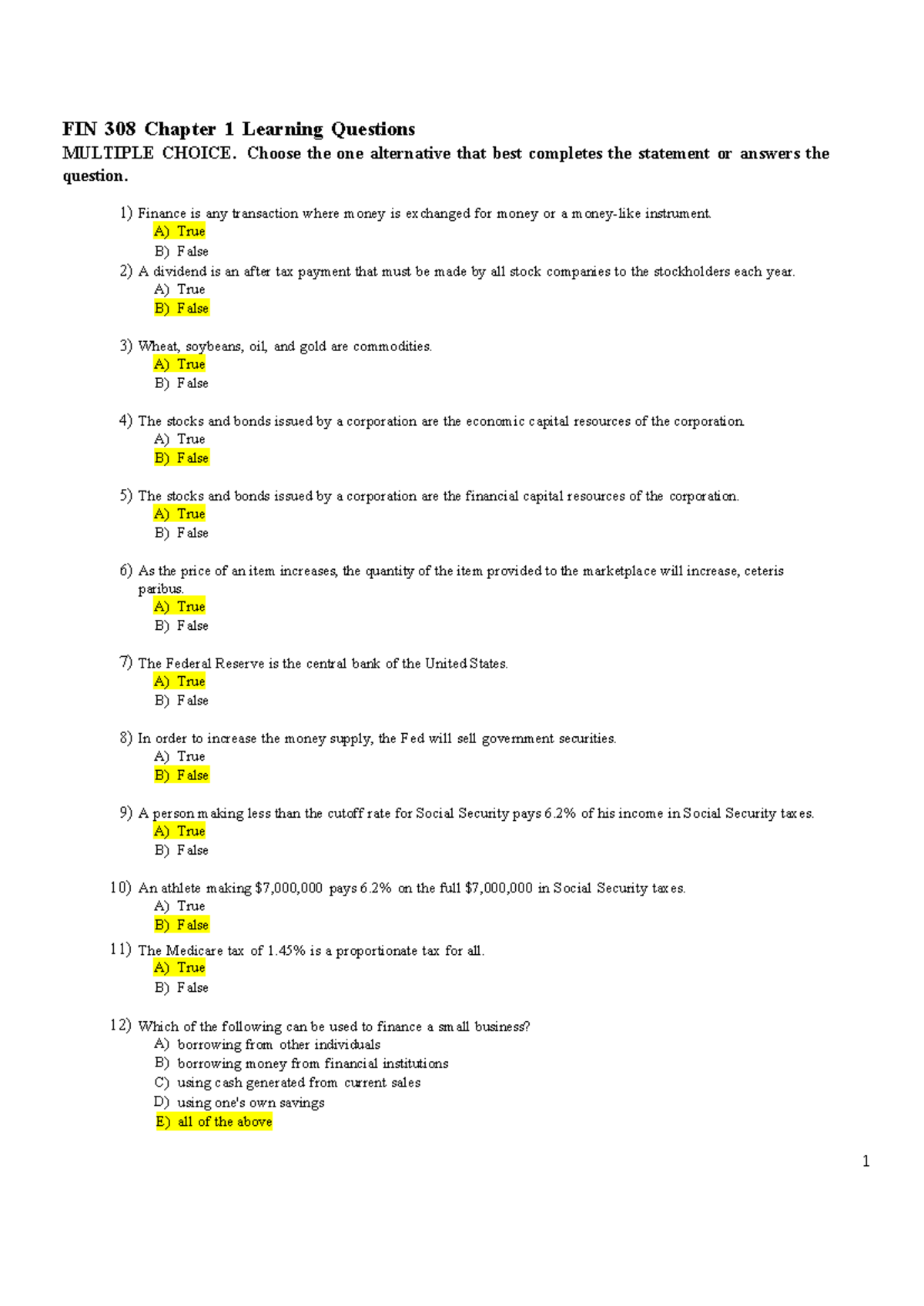 Notes Exam 1 - FIN 308 Chapter 1 Learning Questions MULTIPLE CHOICE ...
