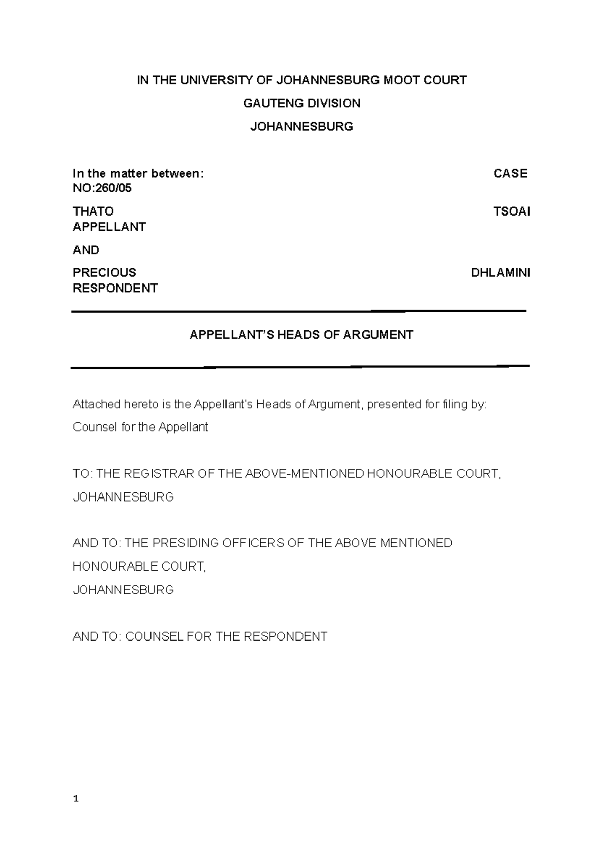 Appellant'S Heads OF Argument - IN THE UNIVERSITY OF JOHANNESBURG MOOT ...