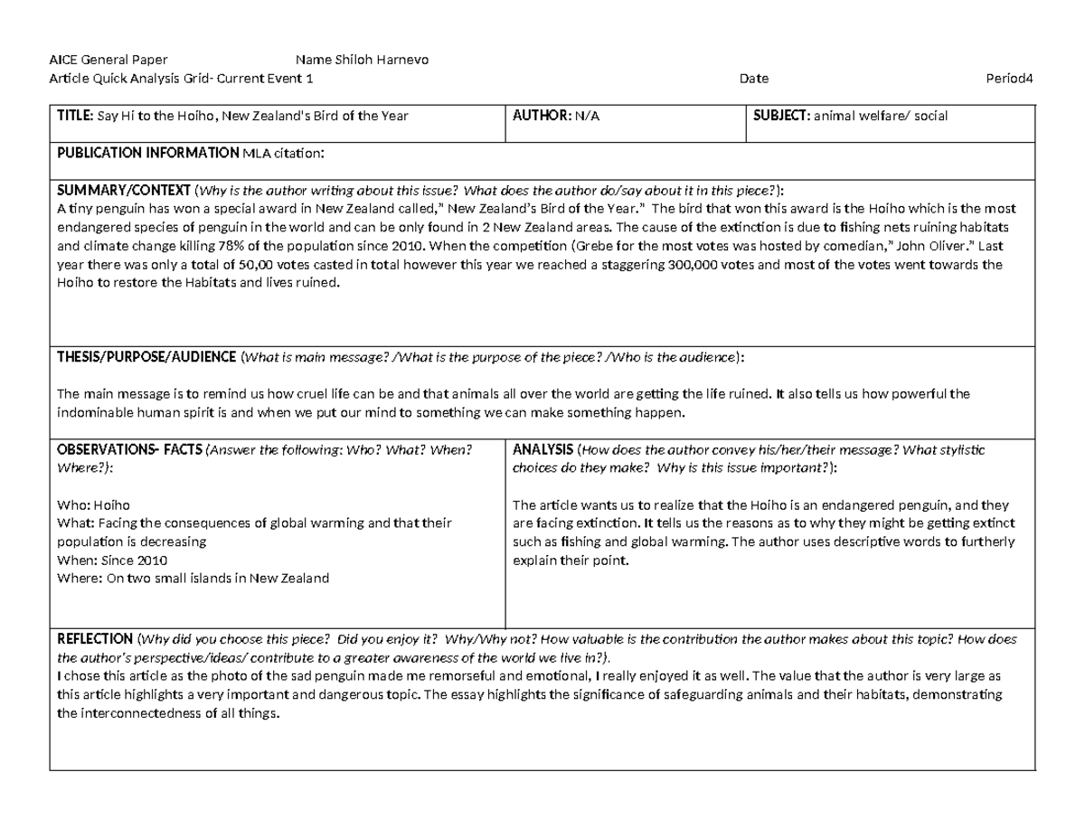 General Paper Current Event Template - AICE General Paper Name Shiloh ...