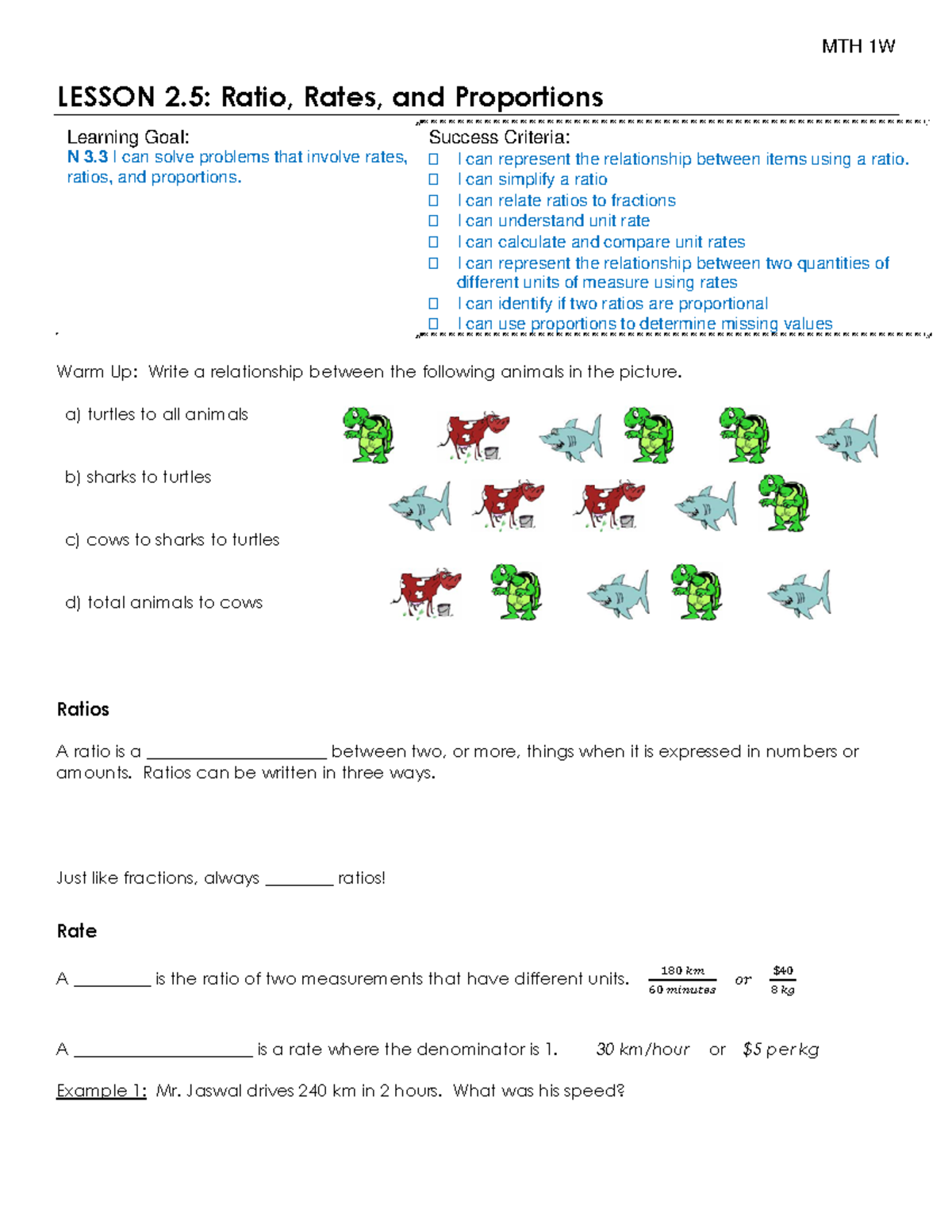Ratio, Rates, and Proportions - a) turtles to all animals b) sharks to ...