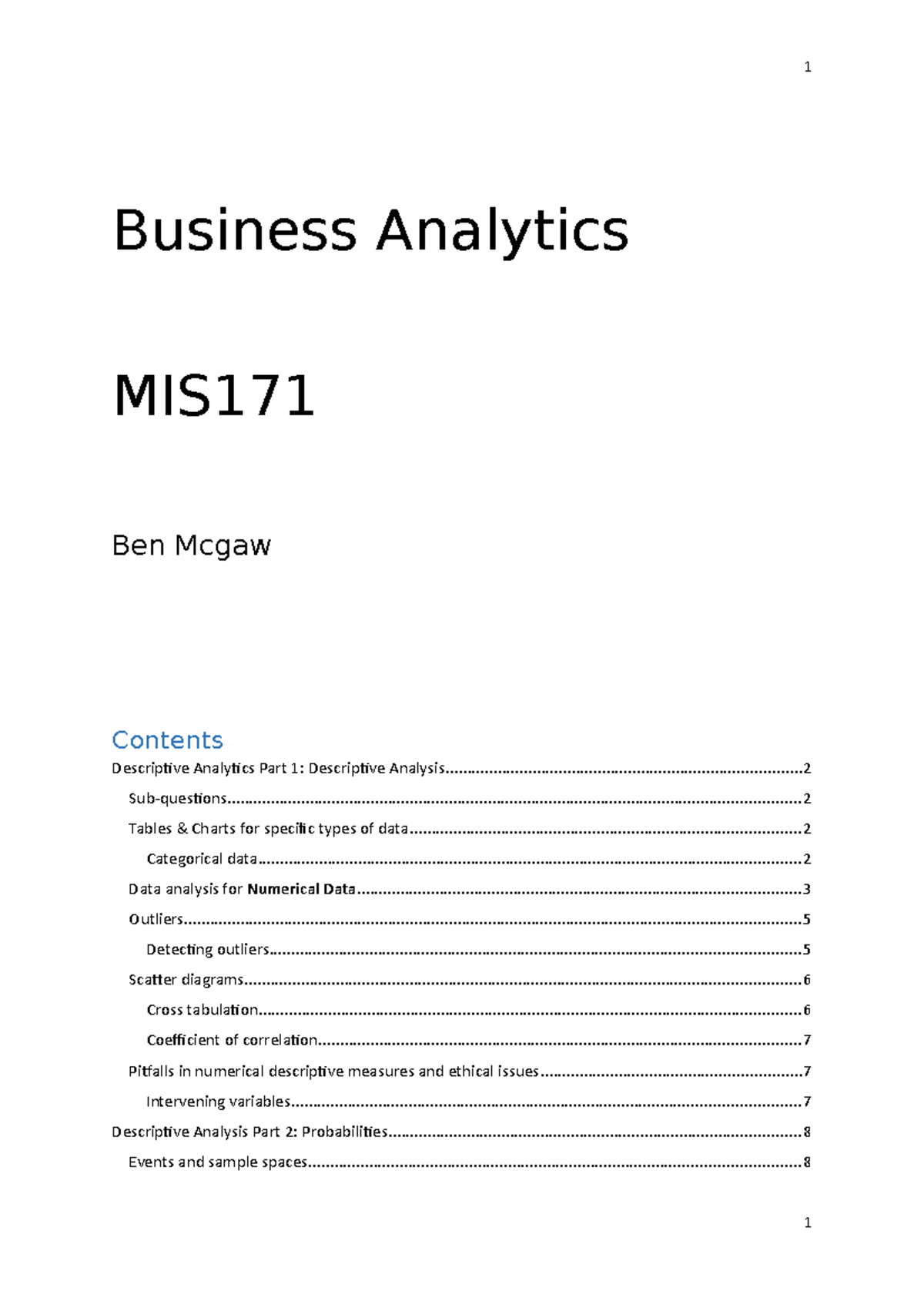 Exam Notes Business Analytics 1 Business Analytics Mis171 Ben Mcgaw Contents Descriptive