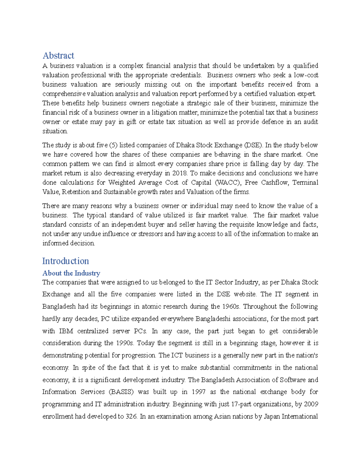 Financial Managments - Abstract A business valuation is a complex ...