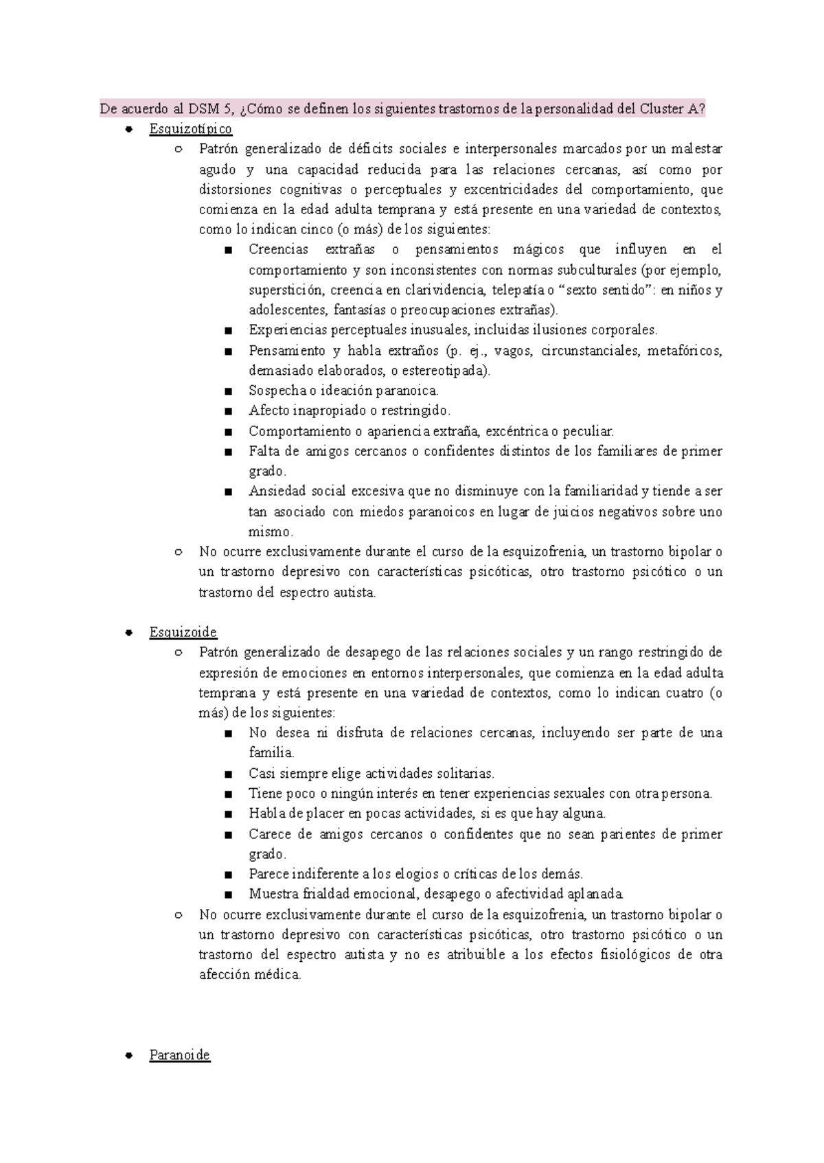 Trastornos de la personalidad Cluster A - De acuerdo al DSM 5, ¿Cómo se ...
