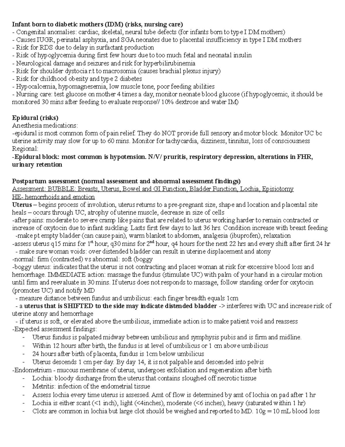 OB Nursing and Pediatrics Test Notes - Infant born to diabetic mothers ...