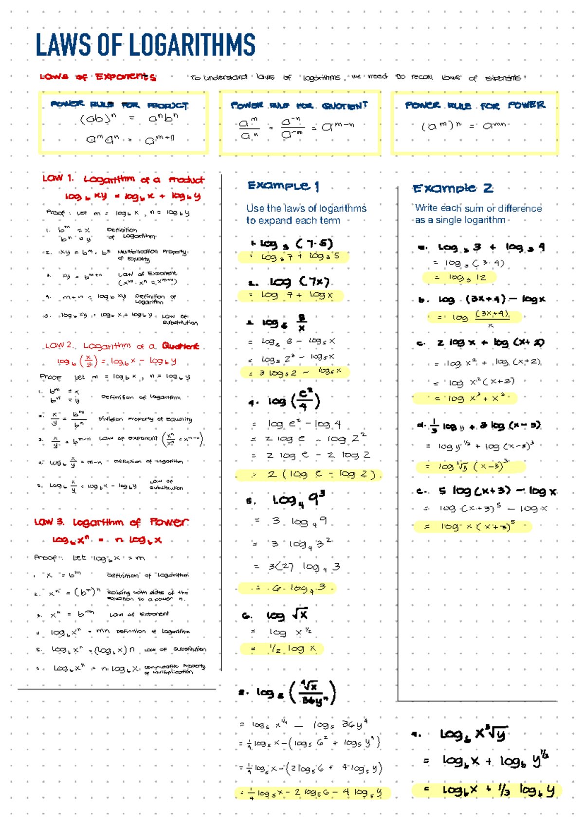 Logarithmic-function - LAWS OF LOGARITHMS Write each sum or difference ...
