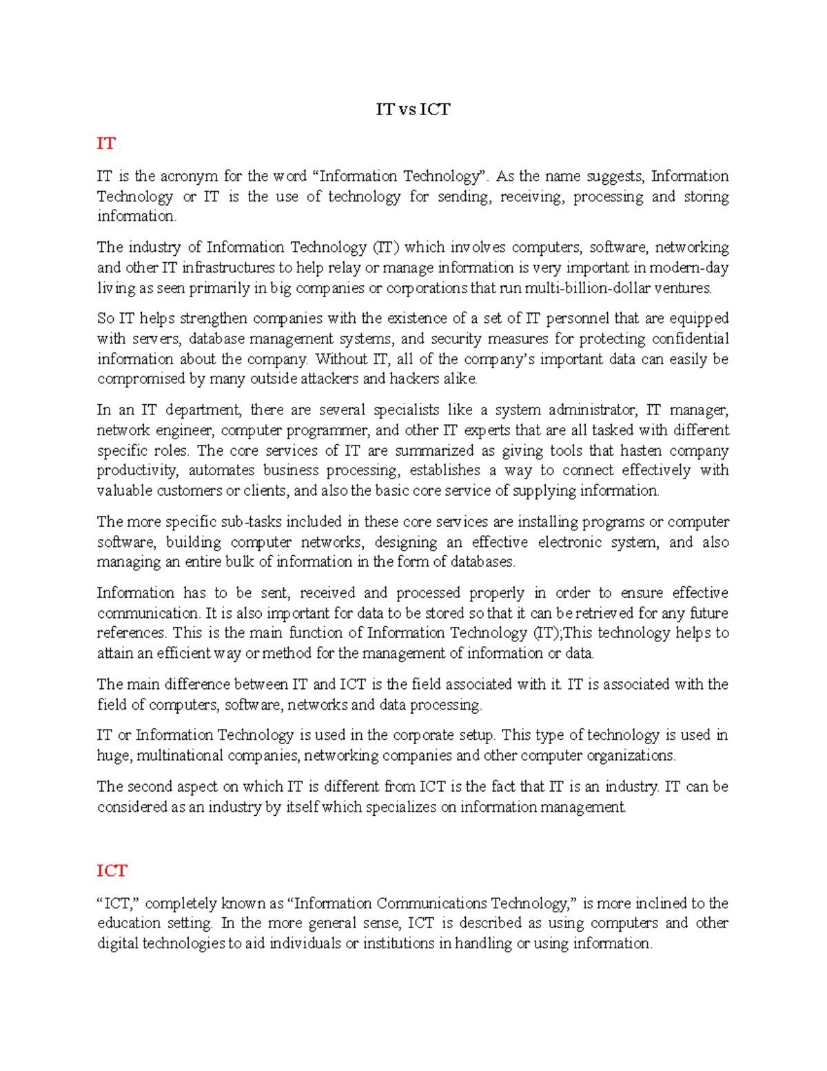 It vs ict - IT VS ICT - IT vs ICT IT IT is the acronym for the word ...