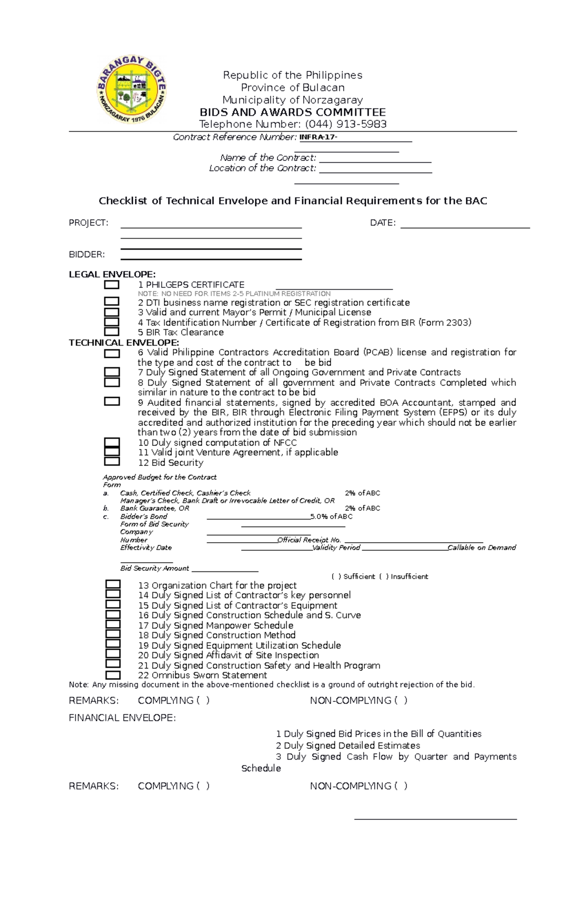 Checklist of Technical Envelope and Financial Requirements for the BAC ...