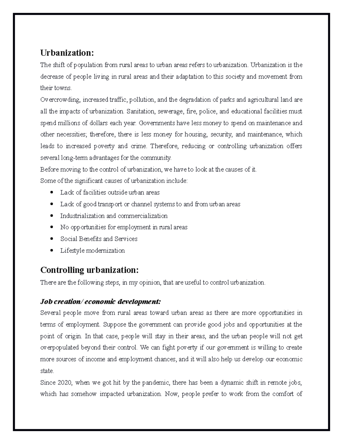 Urbanization - Lecture Notes - Urbanization: The shift of population ...