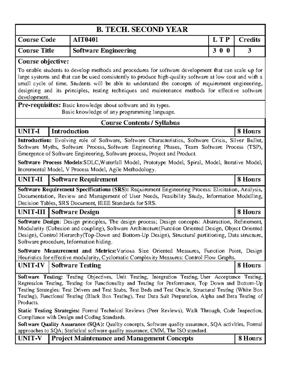 2nd Year SyllabusSoftware Engineering Lab (KCS-661) Course Outcome ( CO) Bloom’s Knowledge Level ...