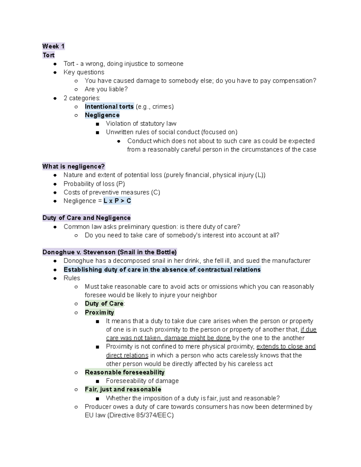 Week 1-7 Contract and Tort Law Summary - Week 1 Tort Tort - a wrong, doing injustice to someone ...