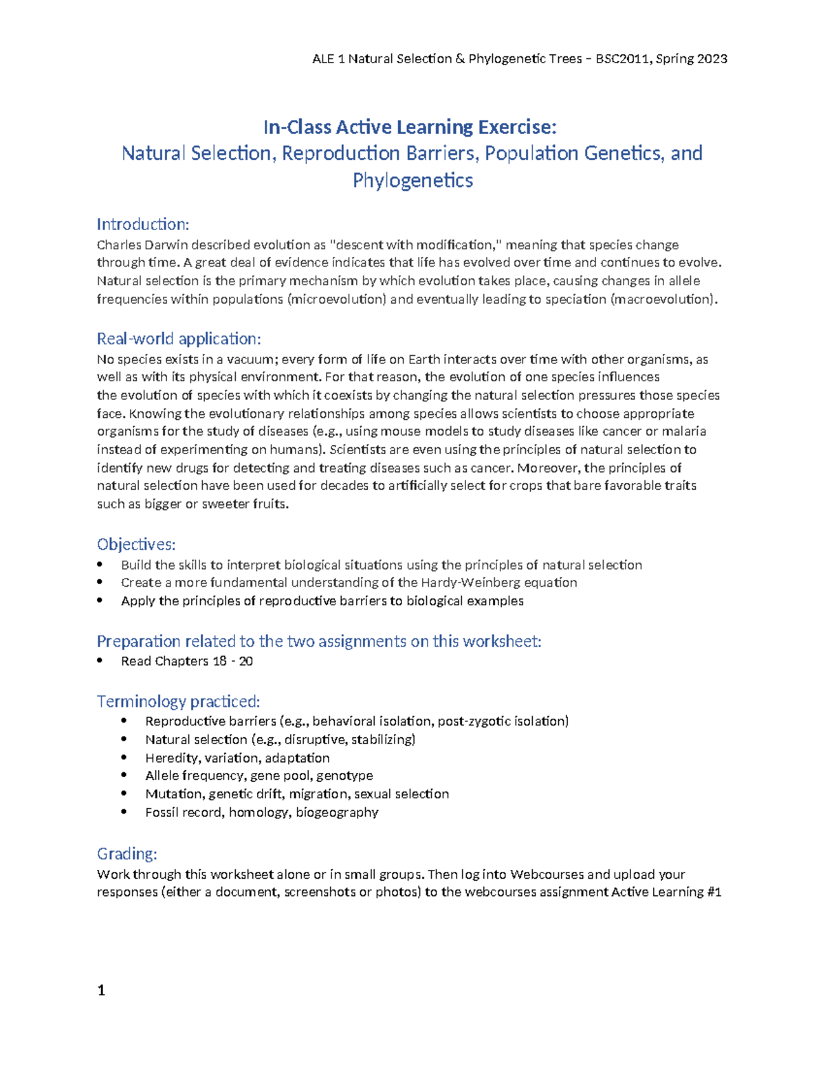 AL1 - In-Class Active Learning Exercise: Natural Selection, Reproduction Barriers, Population ...