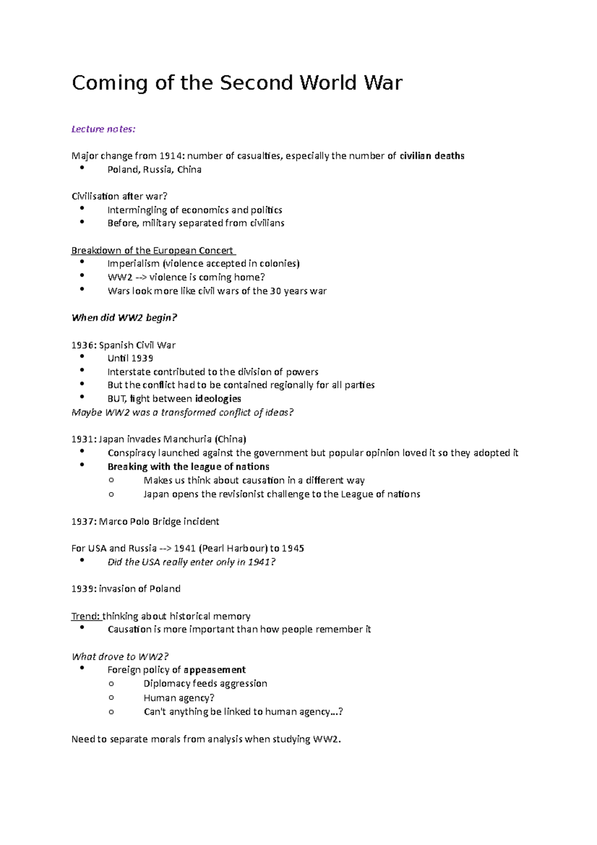 Coming of the Second World War - Coming of the Second World War Lecture ...