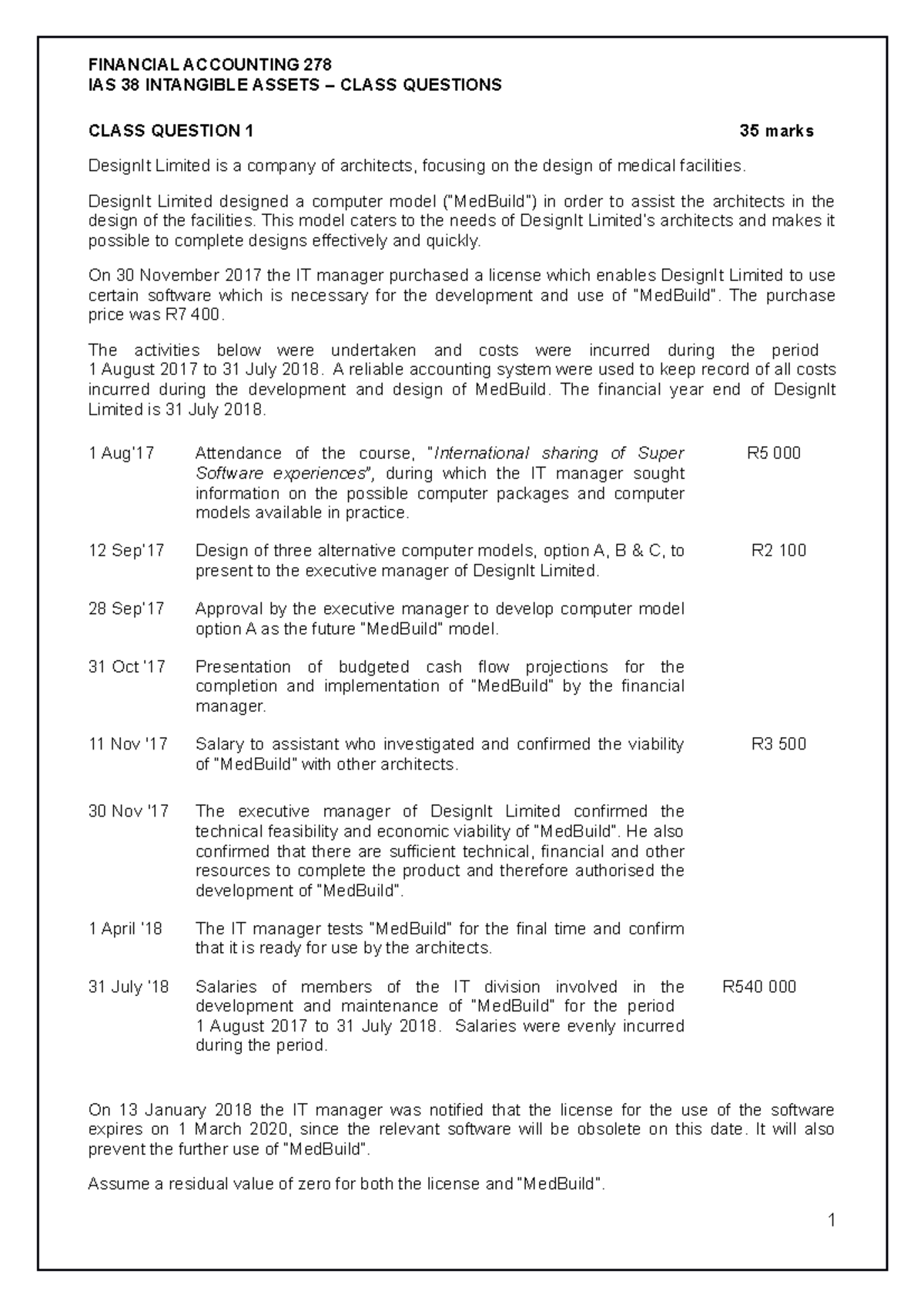 IAS 38 - Class questions 2023 - IAS 38 INTANGIBLE ASSETS – CLASS QUESTIONS CLASS QUESTION 1 35 ...