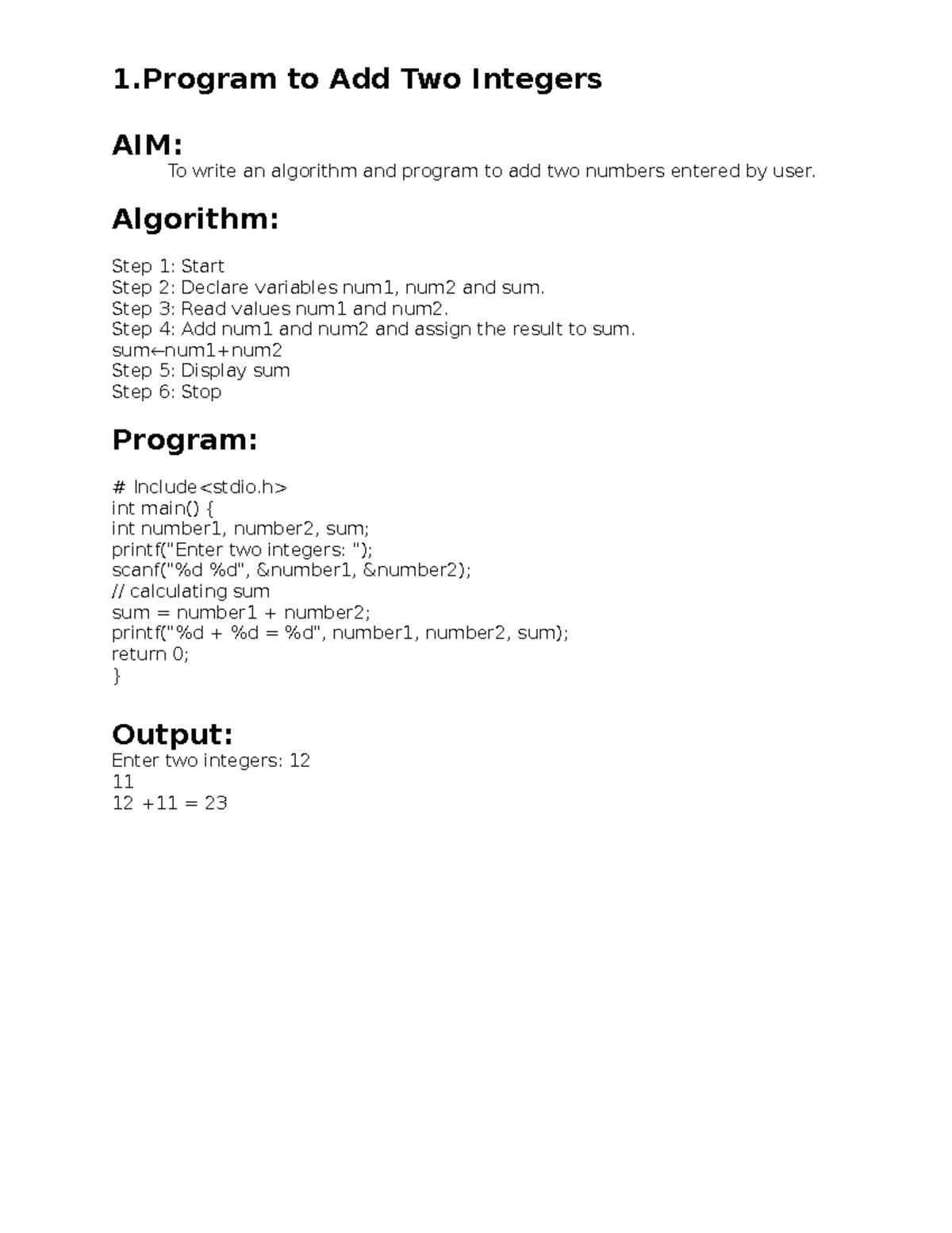 C Program Good 1 To Add Two Integers AIM To Write An Algorithm And