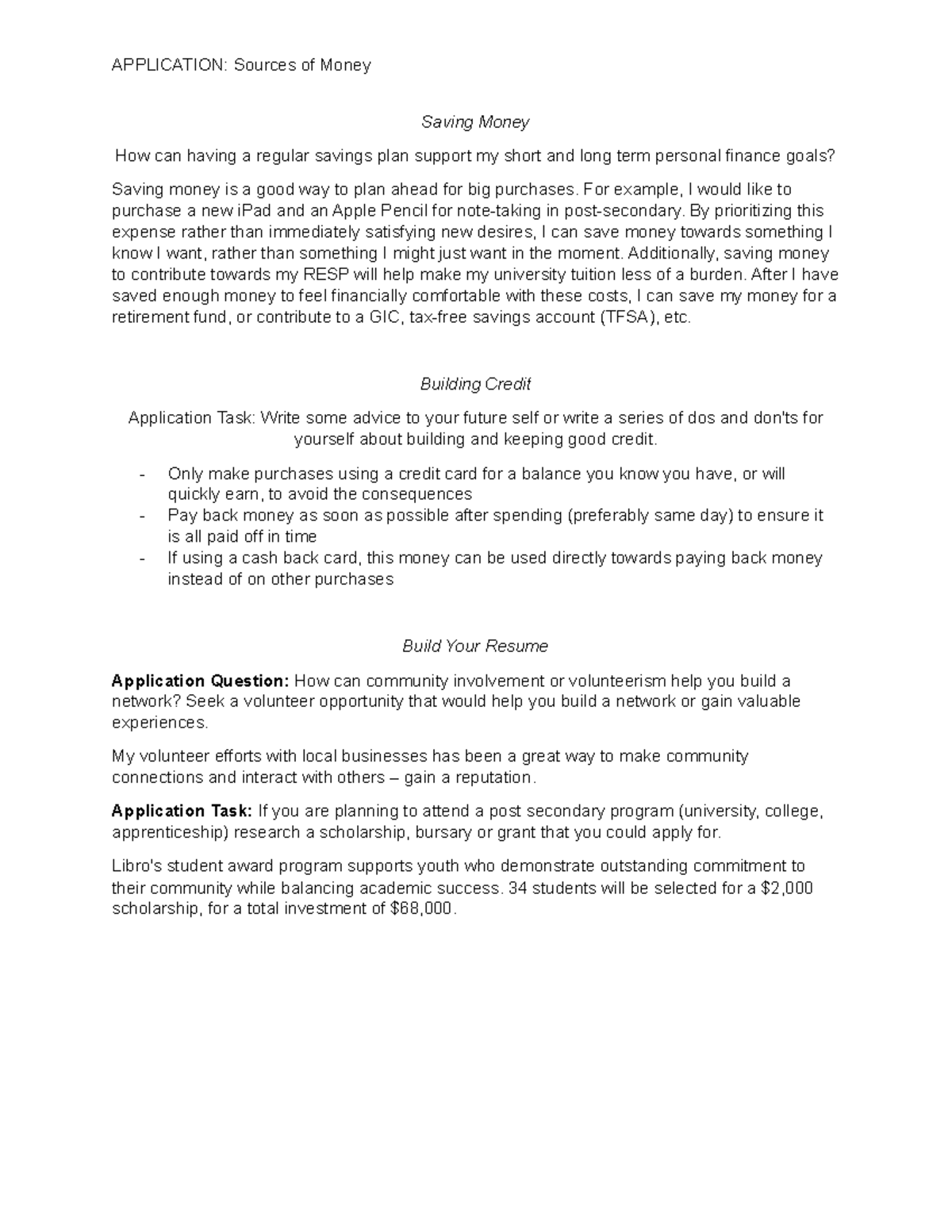 Sources of Money - Application - APPLICATION: Sources of Money Saving ...