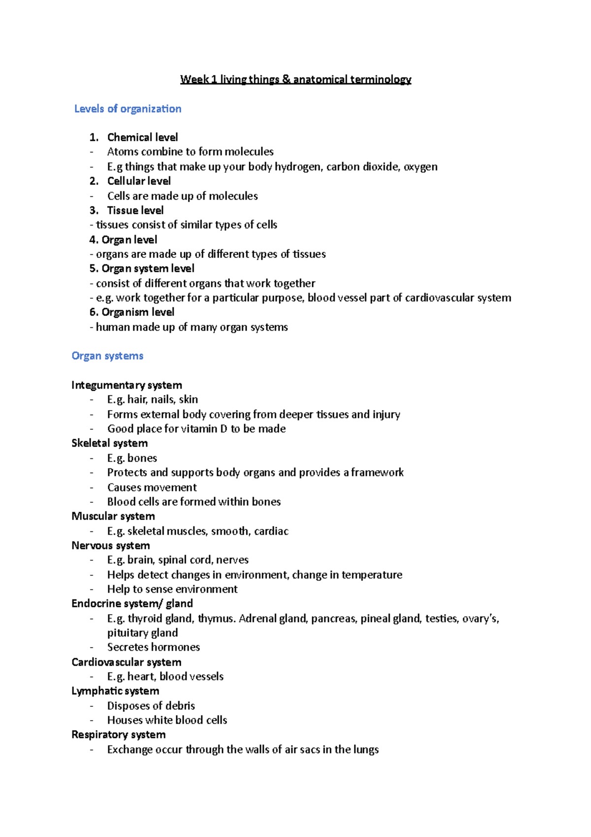 Week 1 intro to human bio - Week 1 living things & anatomical ...
