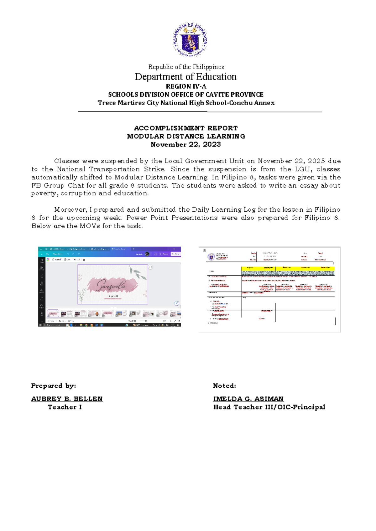 Accomplishment Report - MDL - Republic of the Philippines Department of ...