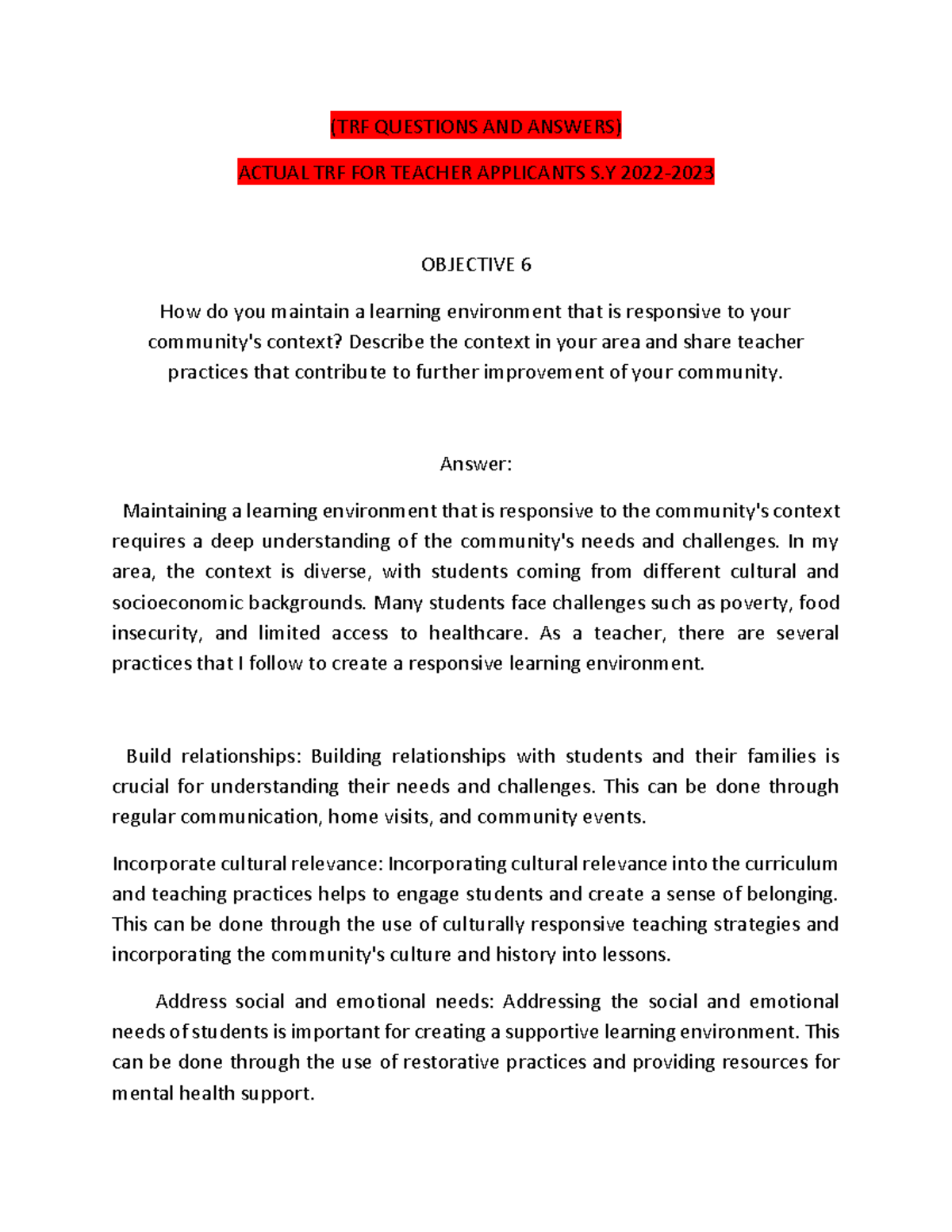 Trashed 1716986548 New Set Of Answers Of Objectives 6 9 Trf Questions And Answers Actual