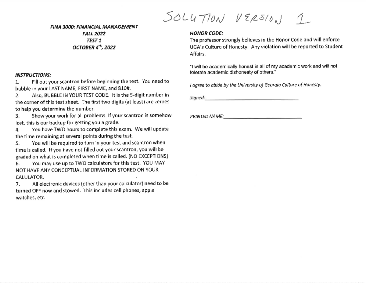TEST 1 PDF Solution FALL 2022 - FINA 3000 - Studocu