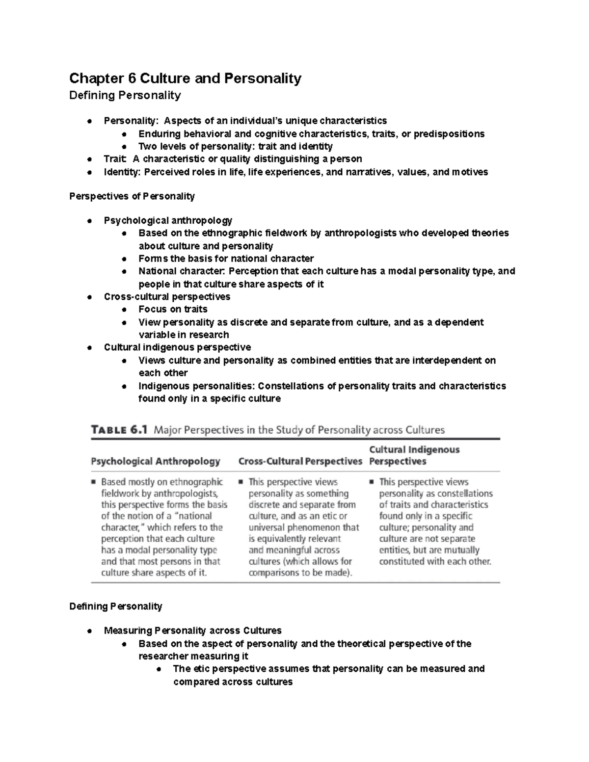 Chapter 6 - Notes for Ch 6 - Chapter 6 Culture and Personality Defining ...