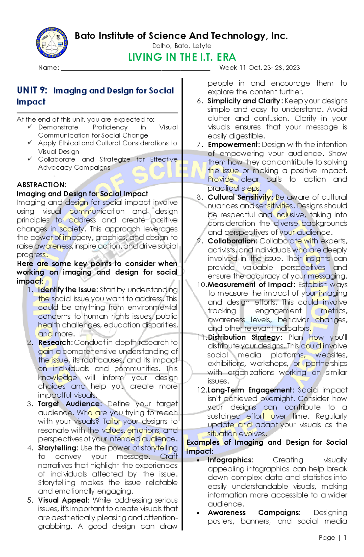 UNIT 9-Imaging and Design for Social Impact - Bato Institute of Science ...