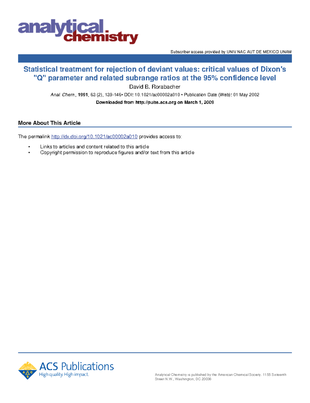 Statistical treatment for rejection of deviant values critical values ...