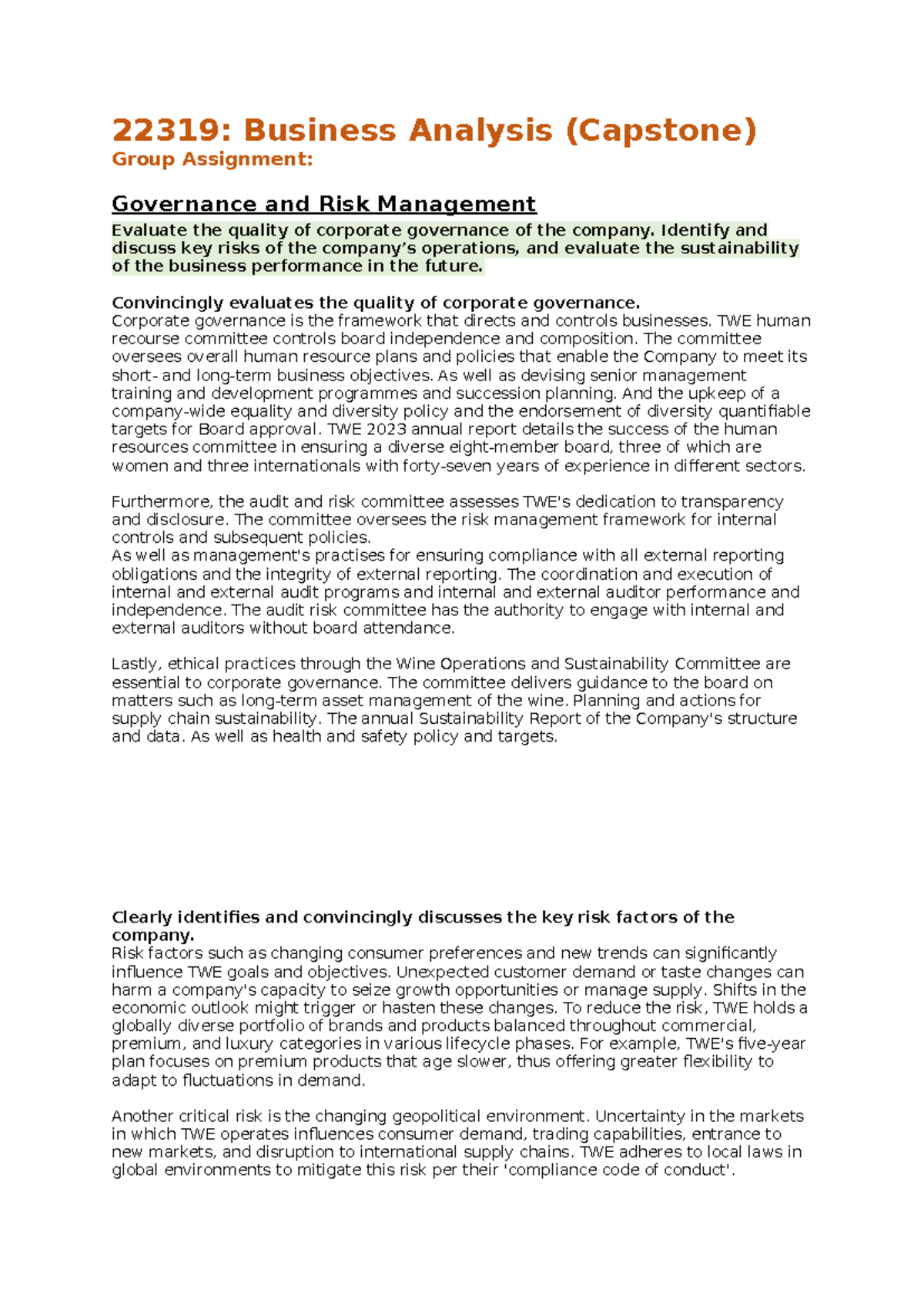 Business Analysis - Group Assignment - 22319: Business Analysis (Capstone) Group Assignment ...