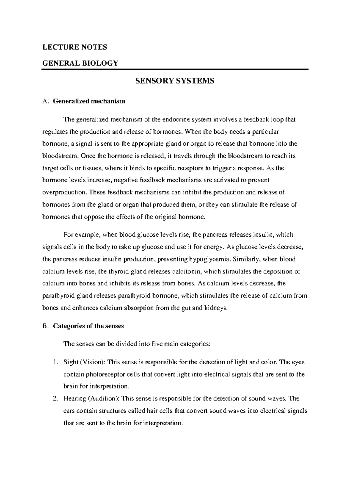 Sensory Systems_Lecture Notes - LECTURE NOTES GENERAL BIOLOGY SENSORY ...