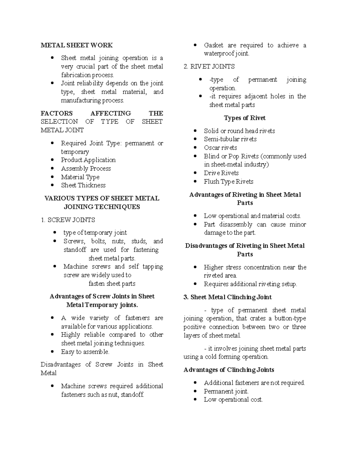 Metal Sheet WORK Notes - METAL SHEET WORK Sheet metal joining operation ...