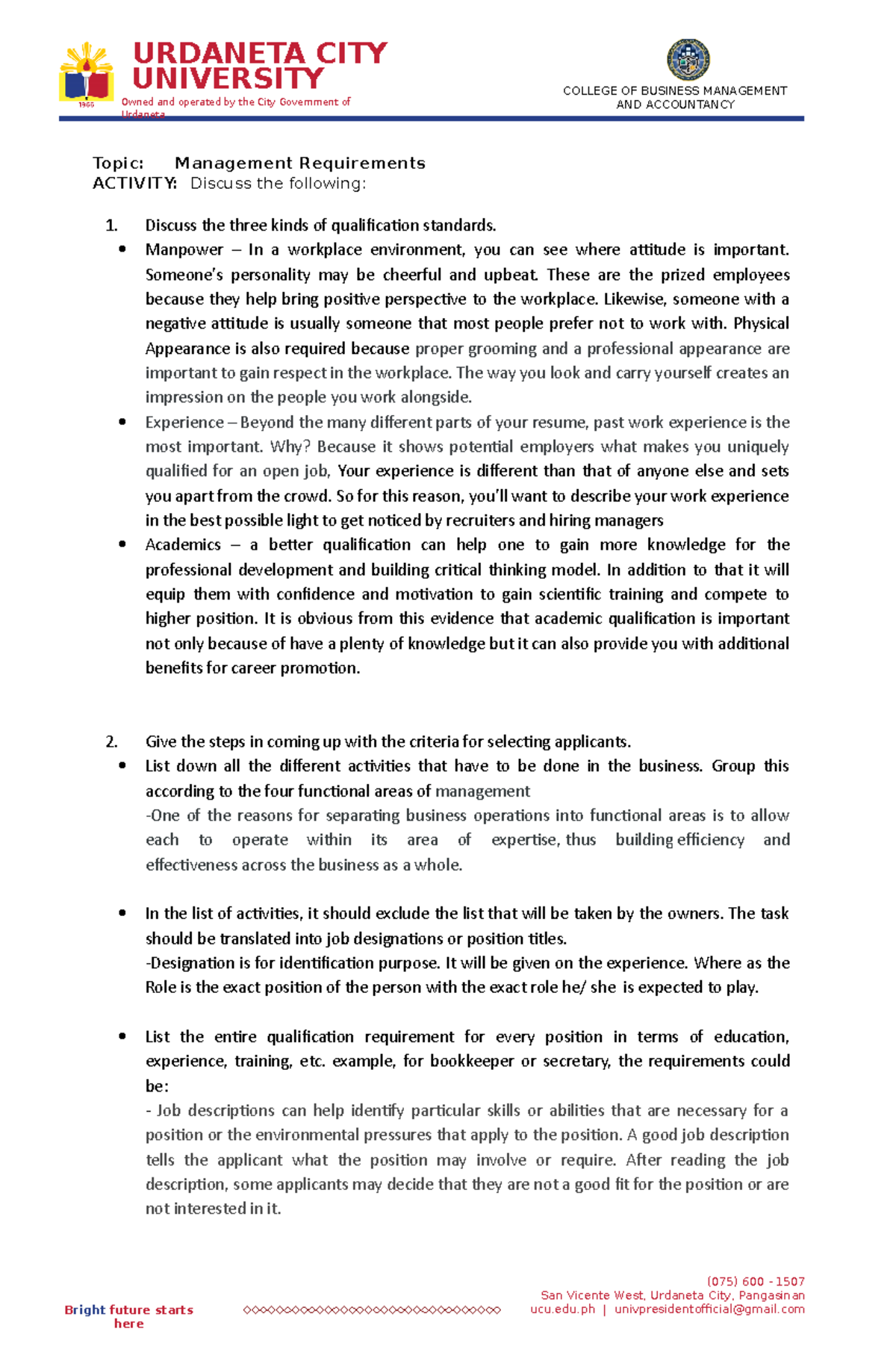 Activity for Lesson 8-Management Requirements - BS Accountancy - UCU ...