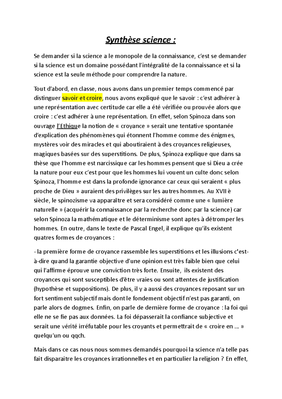 Synthèse science - deuxième tentative de dissertation sur le même sujet - Synthèse science : Se ...