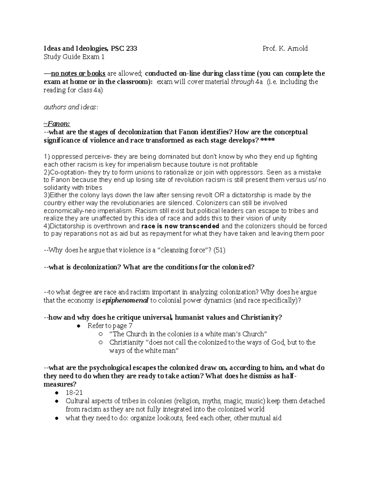 PSC 233 - Exam 1 Study Guide - Ideas and Ideologies, PSC 233 Prof. K ...