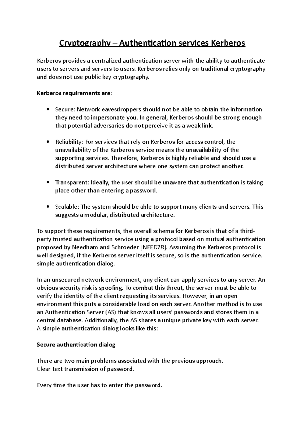 Cryptography Authentication Services Kerberos Cryptography