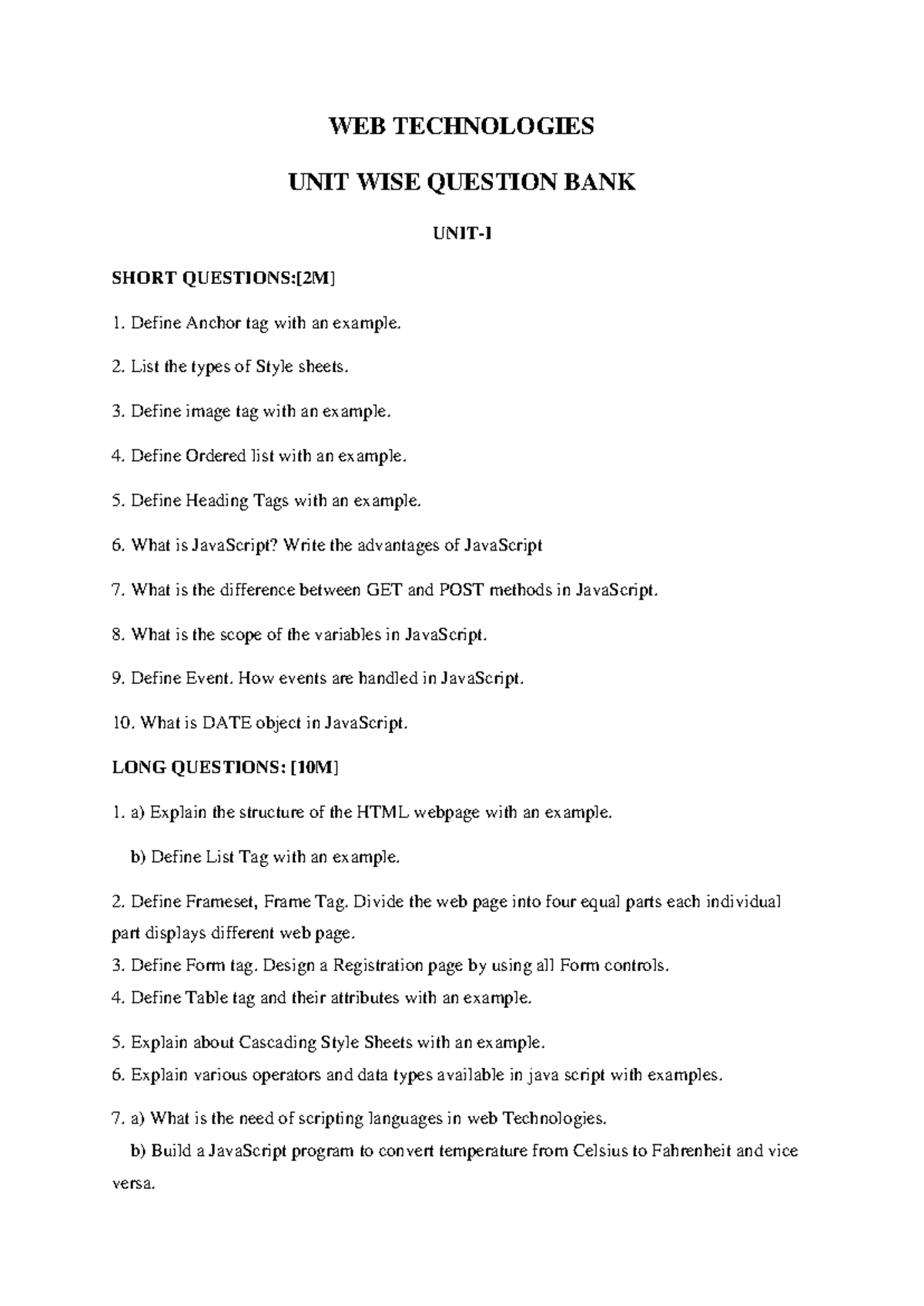 Wt interview questions - WEB TECHNOLOGIES UNIT WISE QUESTION BANK UNIT ...