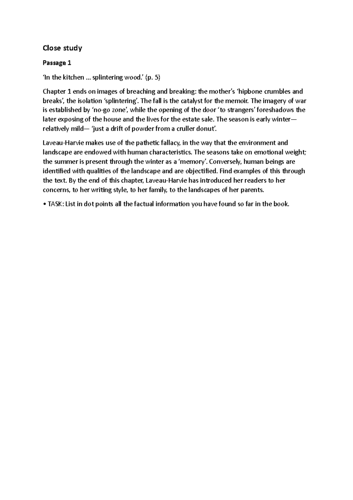 Close Analysis - yes - Close study Passage 1 ‘In the kitchen ...