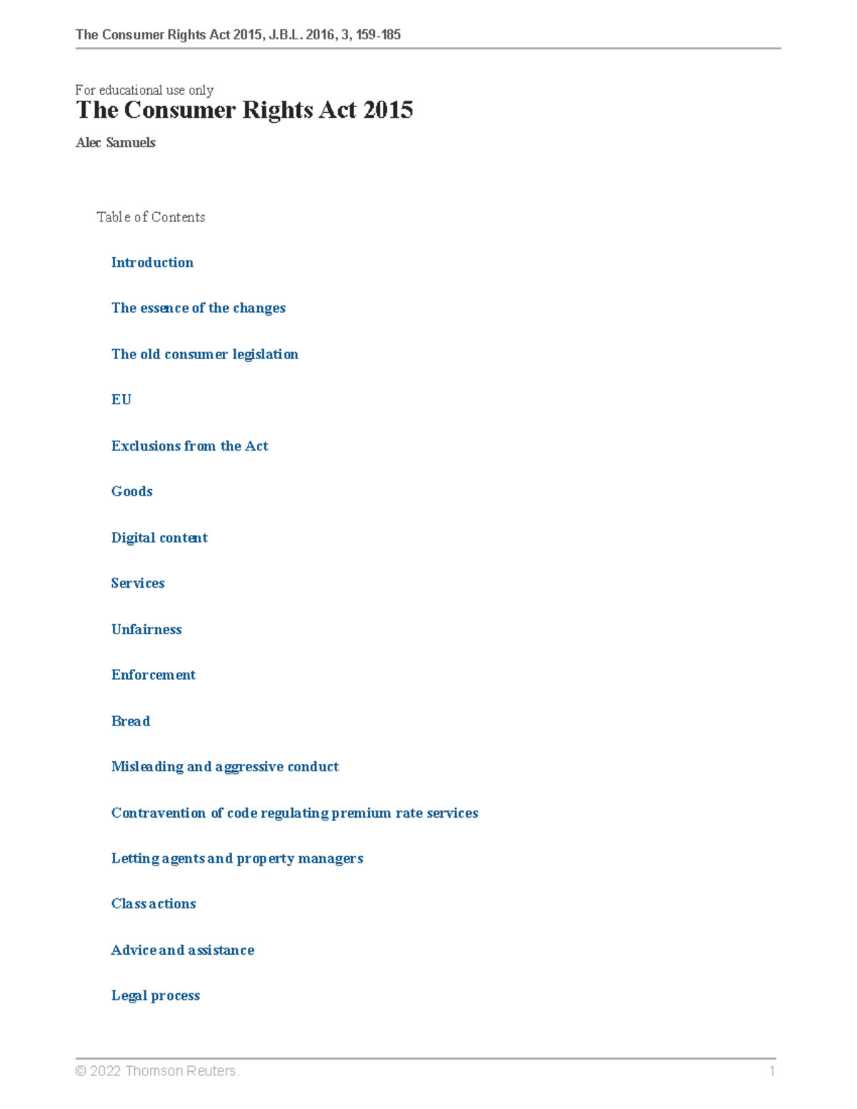 Samuels, The Consumer Rights Act 2015 (2016 ) 3 JBL 159-185 - LA2017 ...