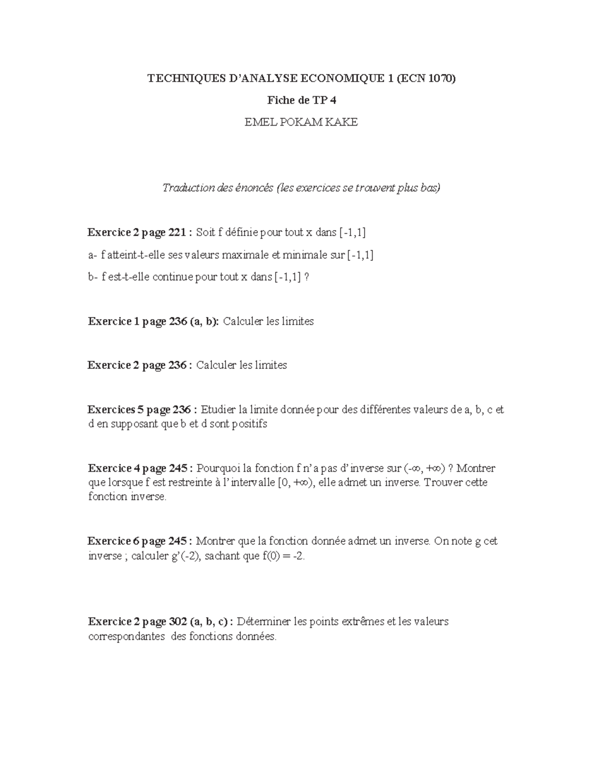 TP 4 - TP 4 1070 - Warning: TT: undefined function: 32 TECHNIQUES D’ANALYSE ECONOMIQUE 1 (ECN ...