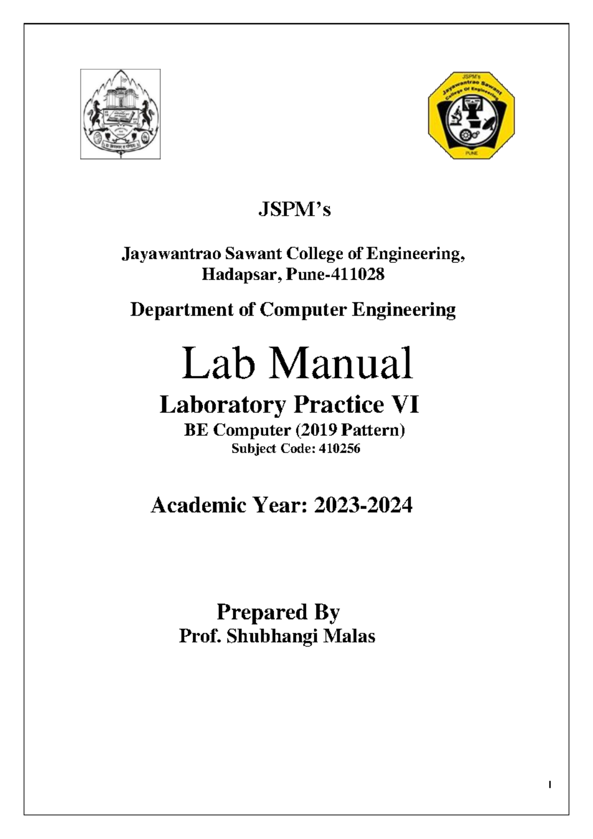 Final LAB Manual LPVI - JSPM’s Jayawantrao Sawant College of Engineering, Hadapsar, Pune- 411028 ...