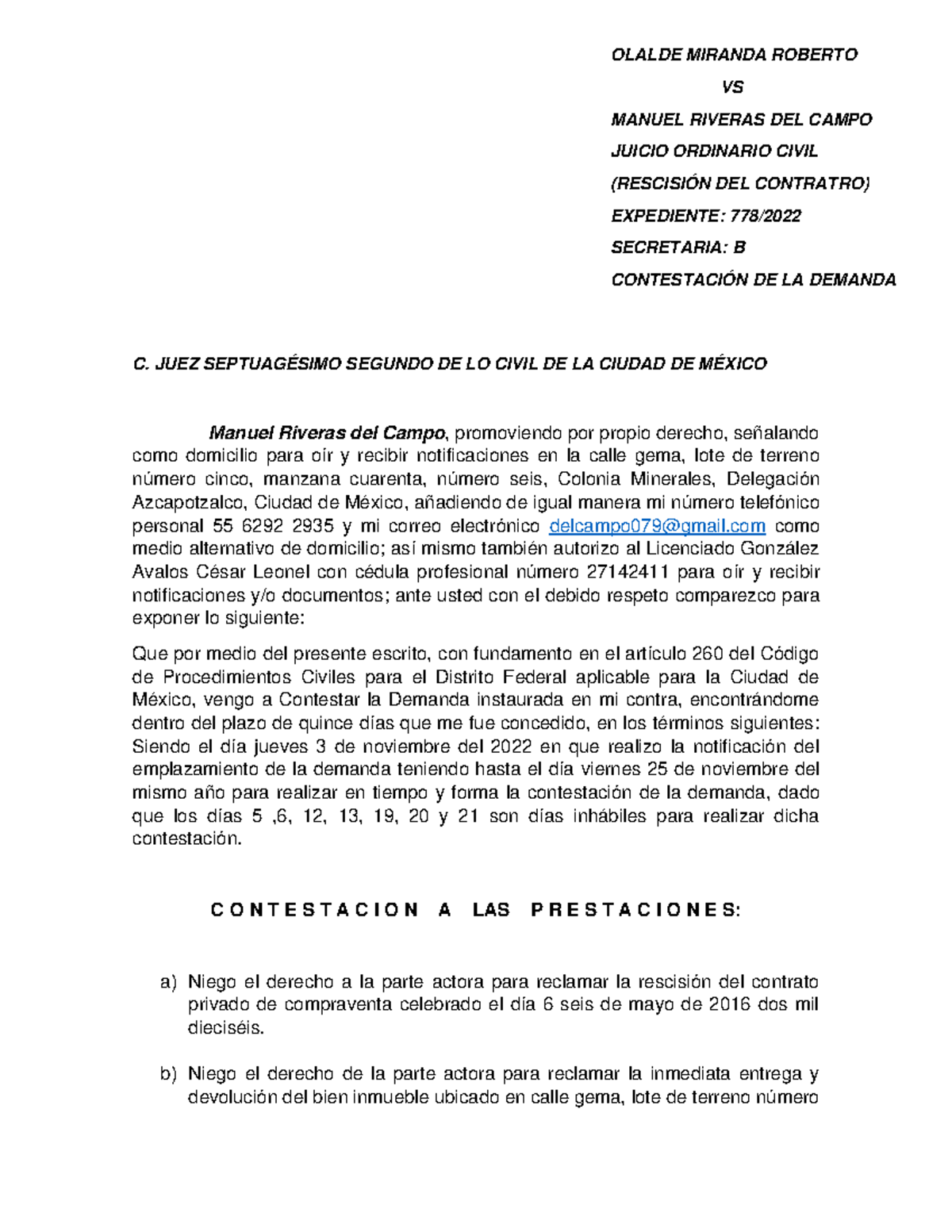 Contestación Demanda - C. JUEZ SEPTUAGÉSIMO SEGUNDO DE LO CIVIL DE LA ...